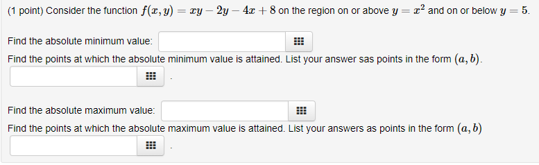 Solved (1 point) Consider the function f(x,y)=xy−2y−4x+8 on | Chegg.com