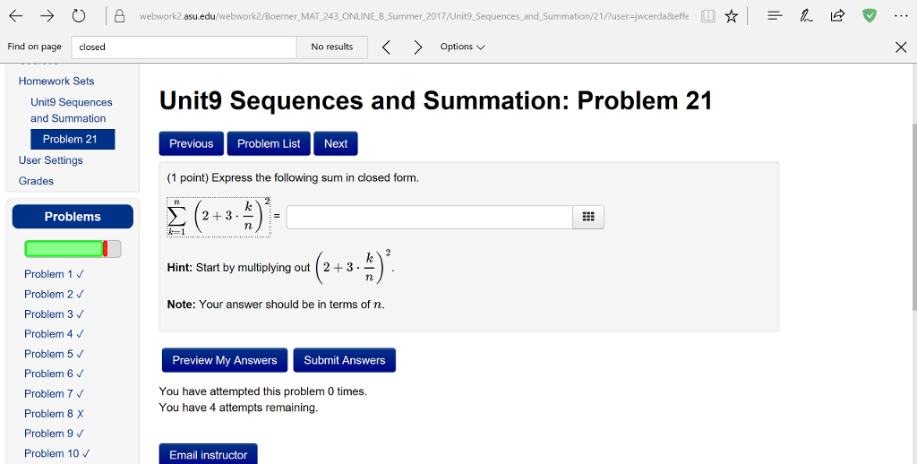 Solved → O webwork2 asu.edu/ebwork2/Boerner MAT 243 ONLINE B | Chegg.com
