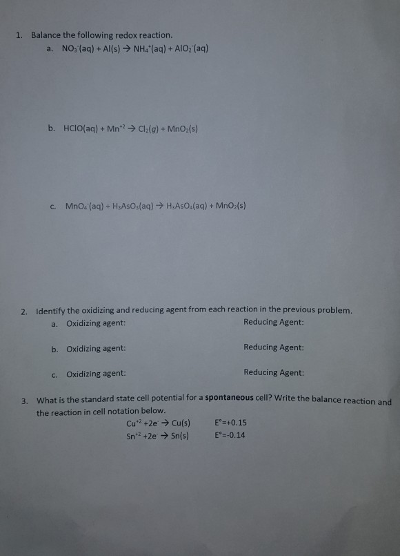 Solved Balance the following redox reaction. a. NO_3 (aq) + | Chegg.com