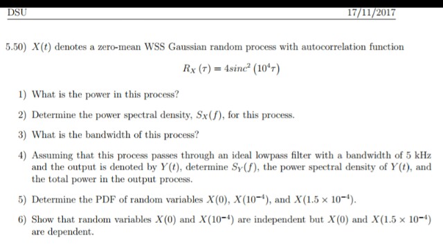 Solved 17/11/2017 5.50) X(t) denotes a zero-mean WSS | Chegg.com