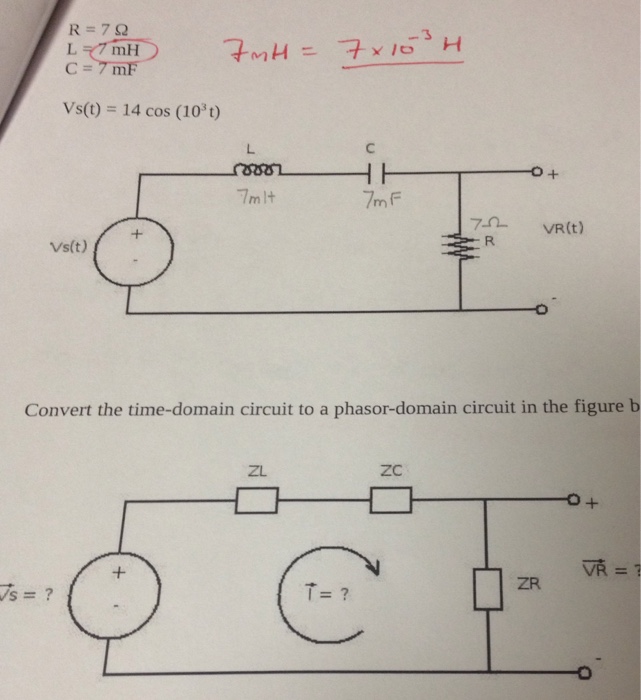 Solved Vs(t) = 14 cos (103t) Convert the time-domain | Chegg.com