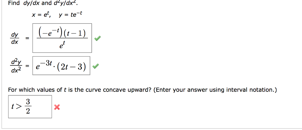 Solved Find dy/dx and d^2y/dx^2 x = e^t, y = te^-t dy/dx = | Chegg.com
