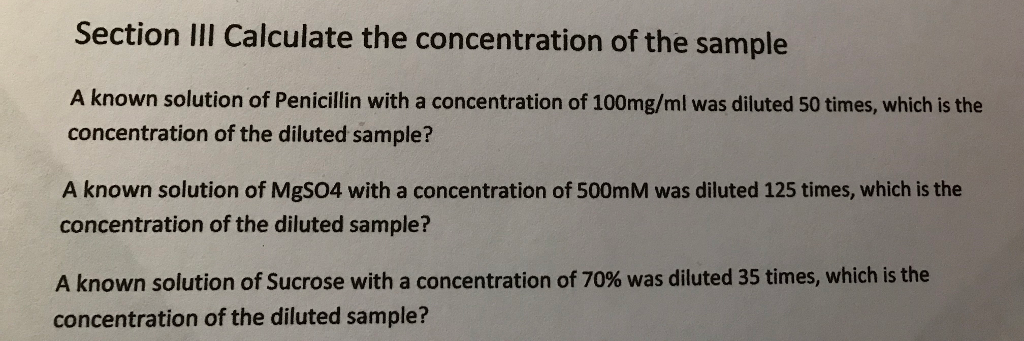 Solved Section III Calculate the concentration of the sample | Chegg.com