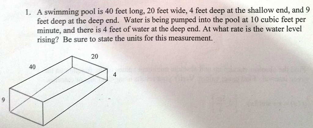Solved A swimming pool is 40 feet long, 20 feet wide, 4 feet | Chegg.com