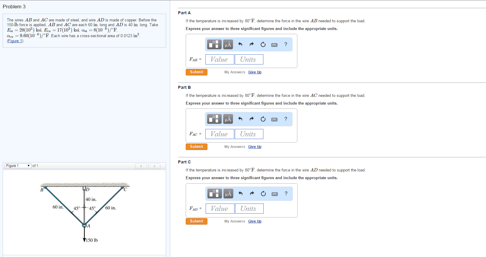 Solved The wires AB and AC are made of steel, and wire AD is | Chegg.com