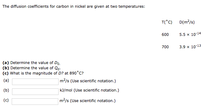 Solved The diffusion coefficients for carbon in nickel are | Chegg.com
