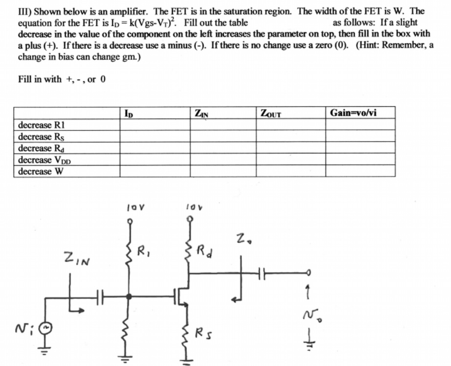Solved III) Shown below is an amplifier. The FET is in the | Chegg.com