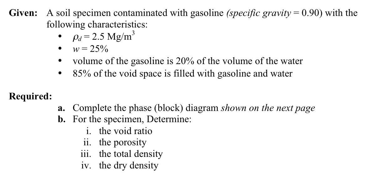Solved Given: A soil specimen contaminated with gasoline | Chegg.com