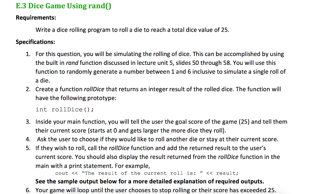 Solved E3 Dice Game Using Rand0 Requirements Write A Dice 3947