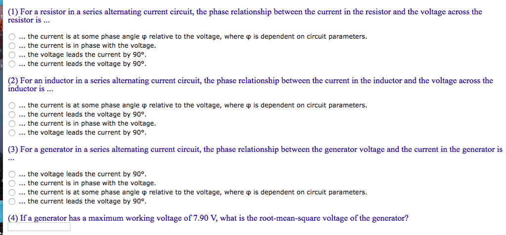 Solved (1) For a resistor in a series alternating current | Chegg.com