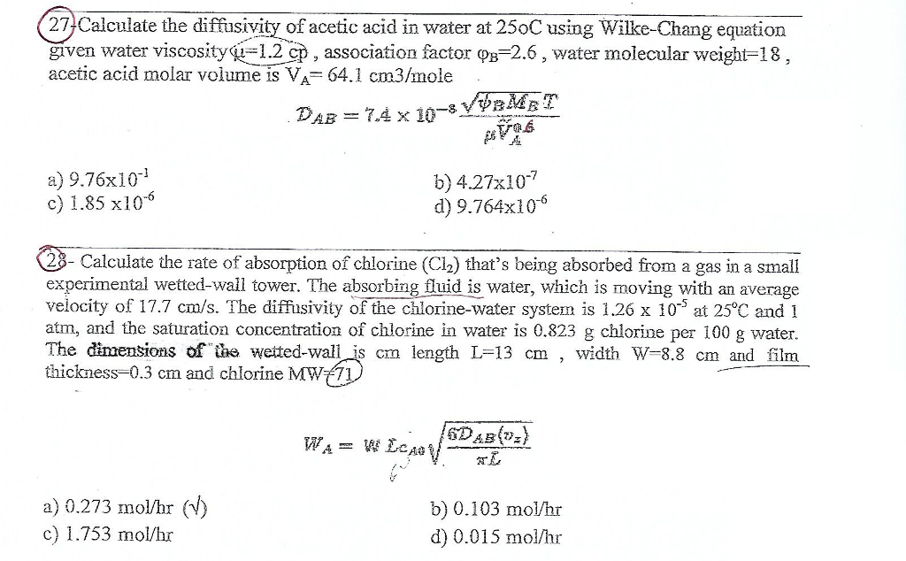 Solved 27 Calculate the diffusivity of acetic acid in water | Chegg.com