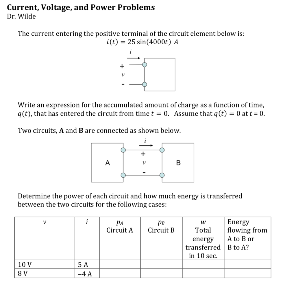 Solved Current, Voltage, and Power Problems Dr. Wilde The | Chegg.com