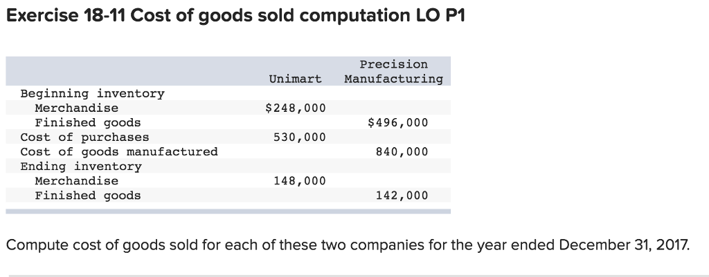 Solved Exercise 18-11 Cost of goods sold computation LO P1 | Chegg.com