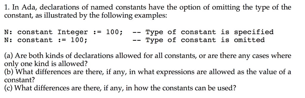 Solved In Ada, declarations of named constants have the | Chegg.com