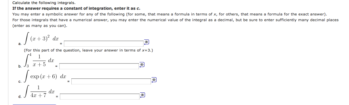 Solved Calculate the following integrals. If the answer | Chegg.com