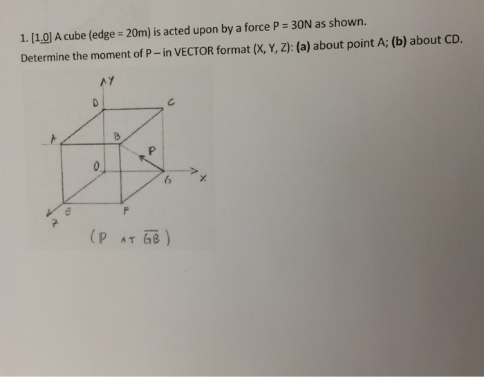 Solved A cube (edge = 20m) is acted upon by a force P = 30N | Chegg.com