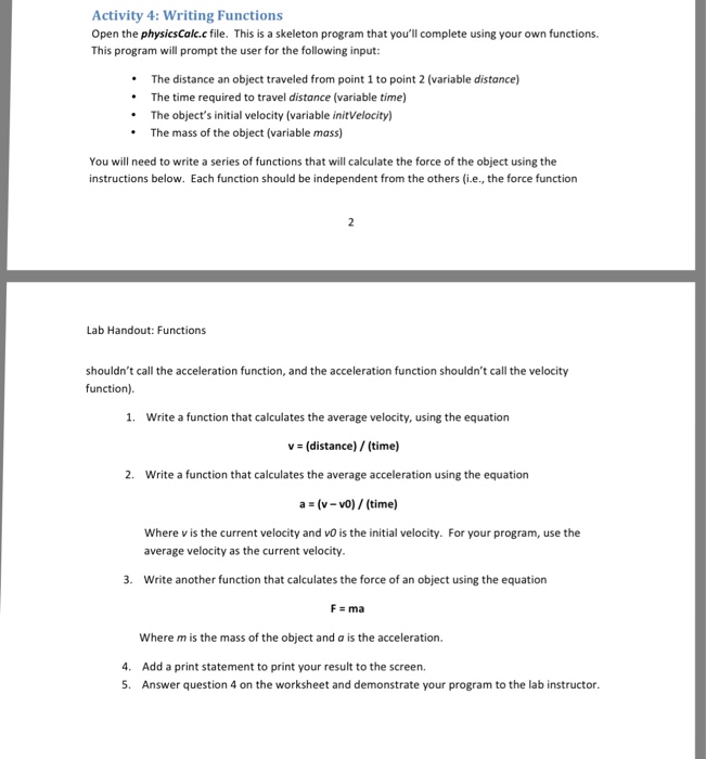 Solved Activity 4: Writing Functions Open the physicsCalc.c | Chegg.com