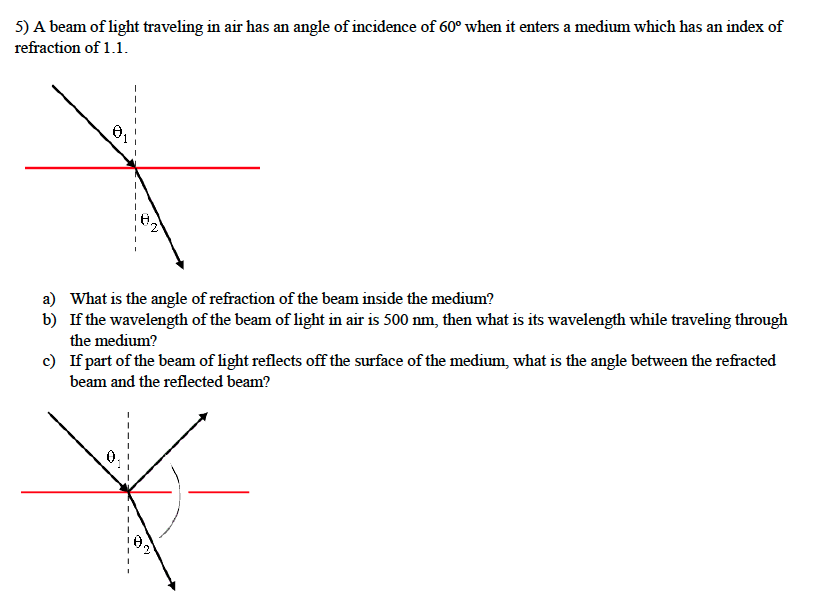 Solved 5) A beam of light traveling in air has an angle of | Chegg.com