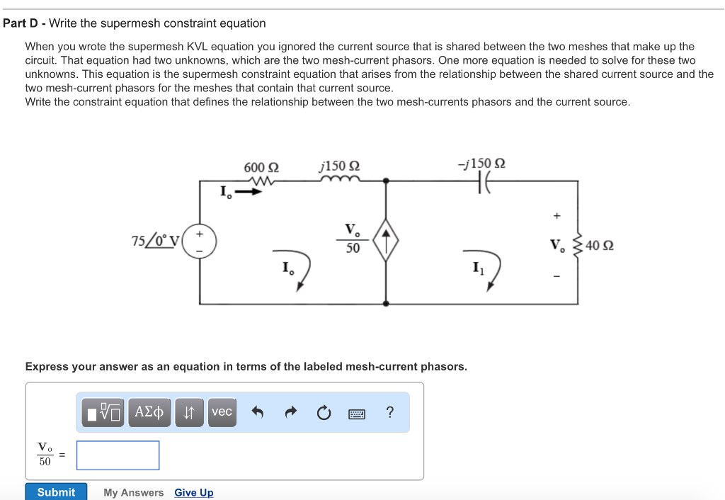 Solved Part D - Write the supermesh constraint equation When | Chegg.com