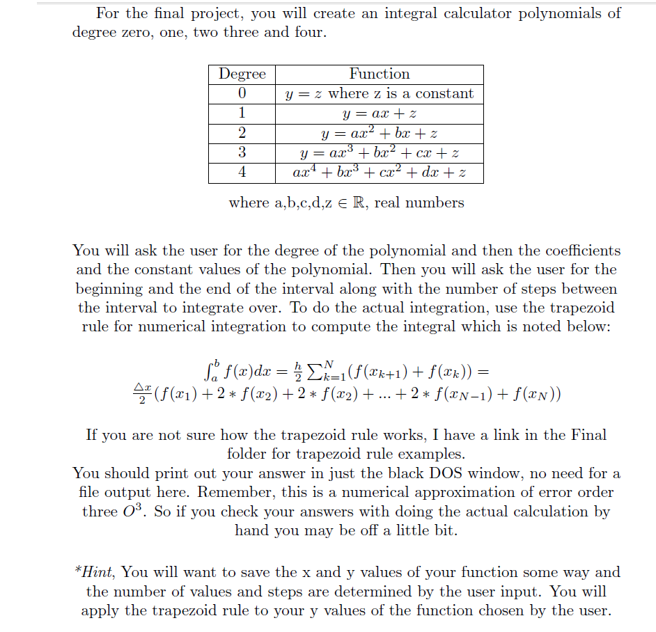 Solved For the final project, you will create an integral | Chegg.com
