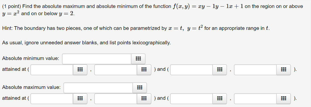 Solved (1 point) Find the absolute maximum and absolute | Chegg.com