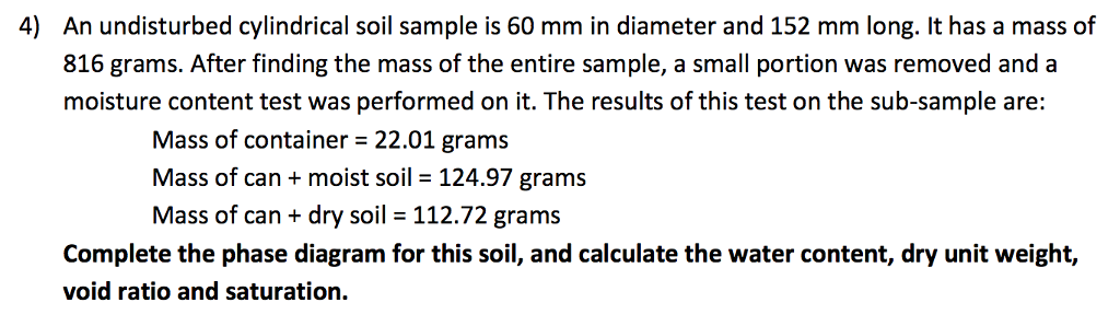 Solved 4) An undisturbed cylindrical soil sample is 60 mm in | Chegg.com