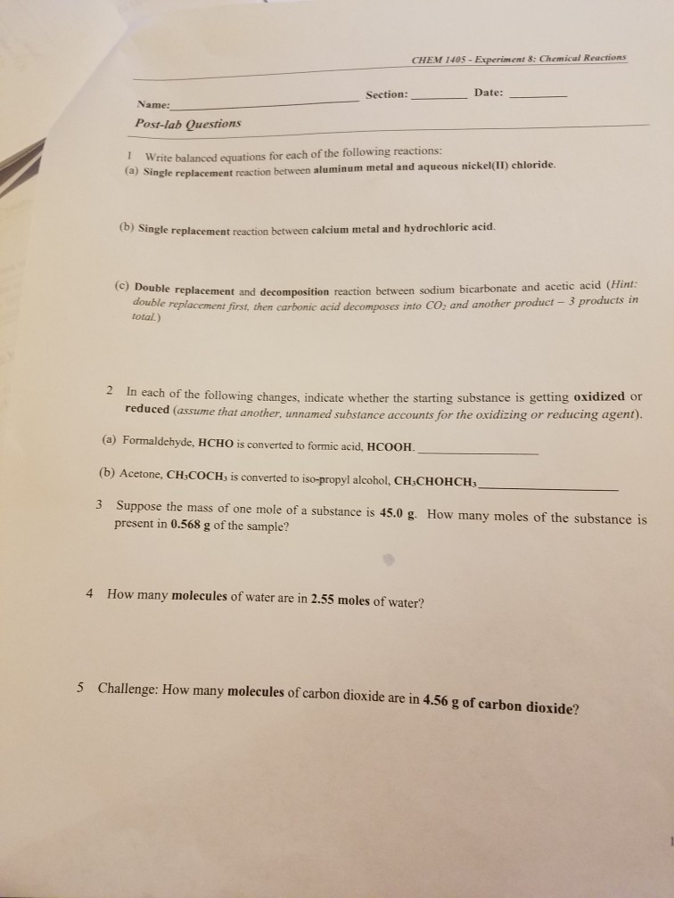 Solved CHEM 1405-Experiment 8: Chemical Reactions Section: | Chegg.com