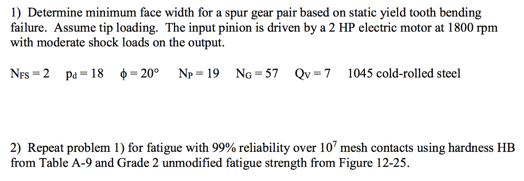 Solved 1) Determine minimum face width for a spur gear pair | Chegg.com