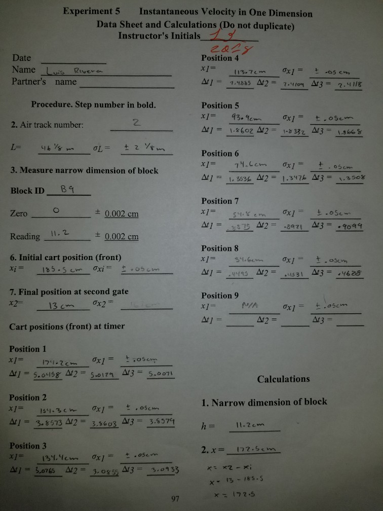 Experiment 5 Instantaneous Velocity in One D on Data | Chegg.com