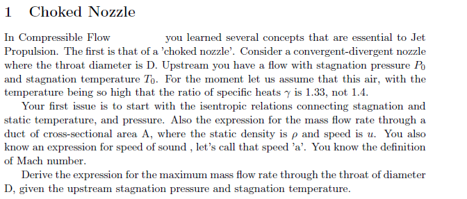 Solved 1 Choked Nozzle In Compressible Flow you learned | Chegg.com