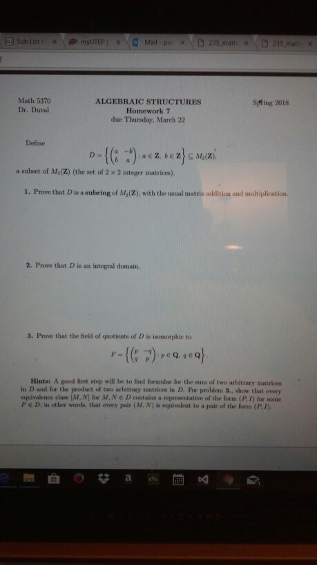 Solved Math 5370 Dr. Duval ALGEBRAIC STRUCTURES Homework 7 | Chegg.com