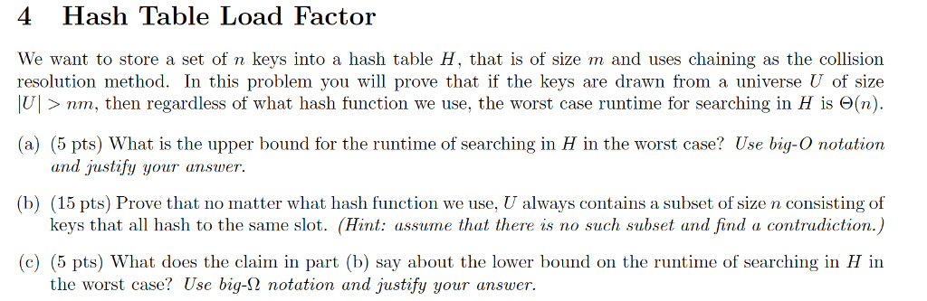 Solved 4 Hash Table Load Factor We want to store a set of n | Chegg.com