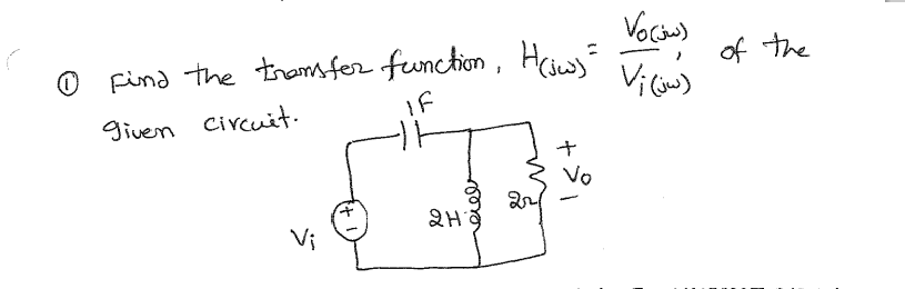 Solved Find the transfer function, H(jw)=vo(jw)/vi(jw), of | Chegg.com