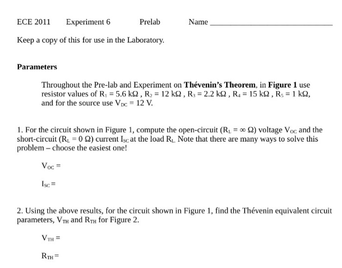 Solved ECE 2011 Exeient 6 Prelab Name Keep a copy of this | Chegg.com