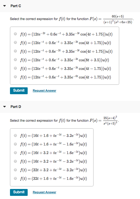 Solved Part C Select the correct expression for f(t) for the | Chegg.com
