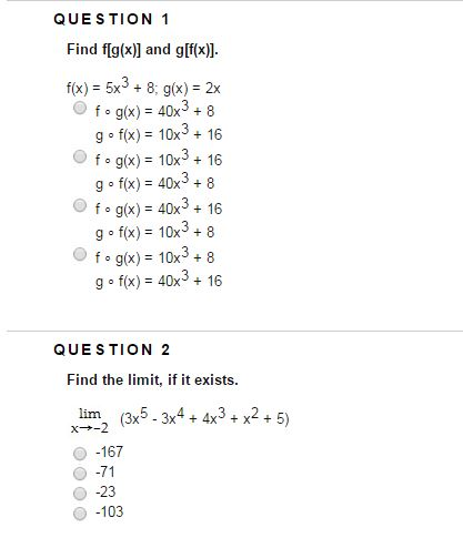 Solved Find f[g(x)] and g[f(x)]. f(x) = 5x^3 + 8; g(x) = 2x | Chegg.com