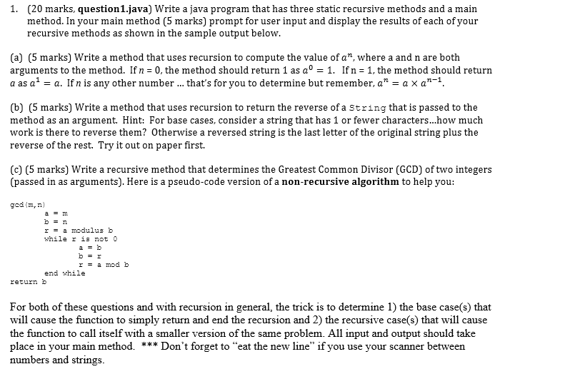 Solved Write a java program that has three static recursive | Chegg.com