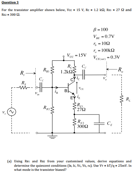 Solved For the transistor amplifier shown below, Vcc = 15 V. | Chegg.com