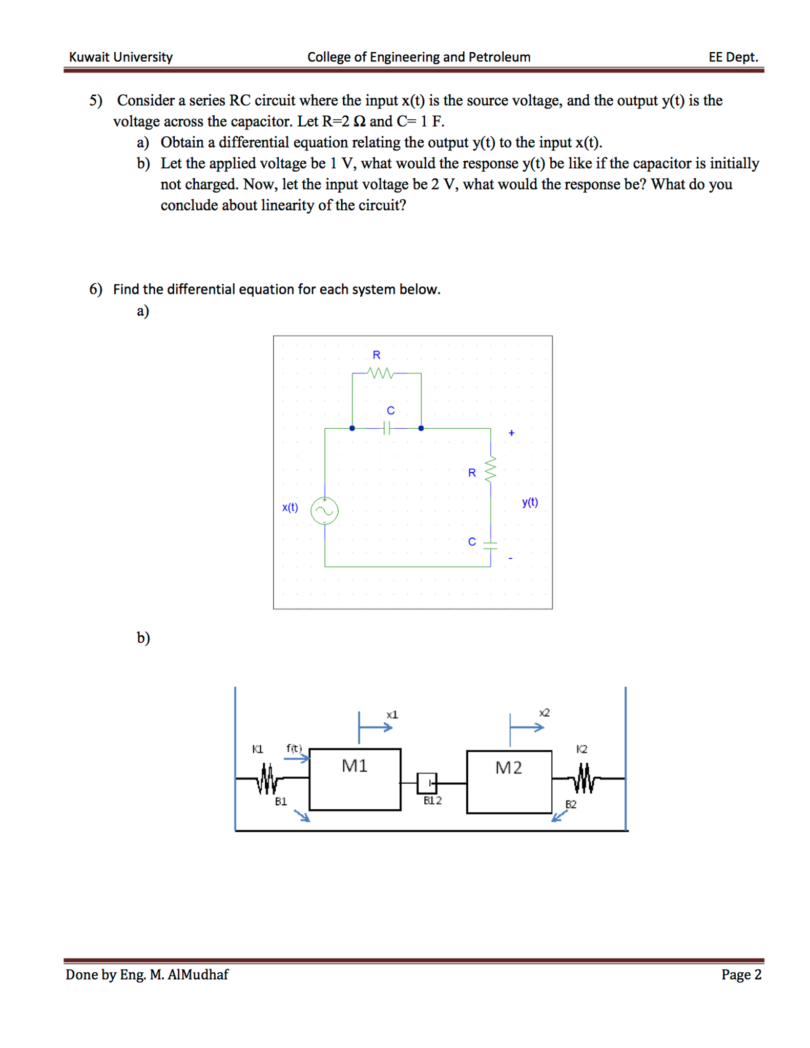 Solved Consider a series RC circuit where the input x(t) is | Chegg.com