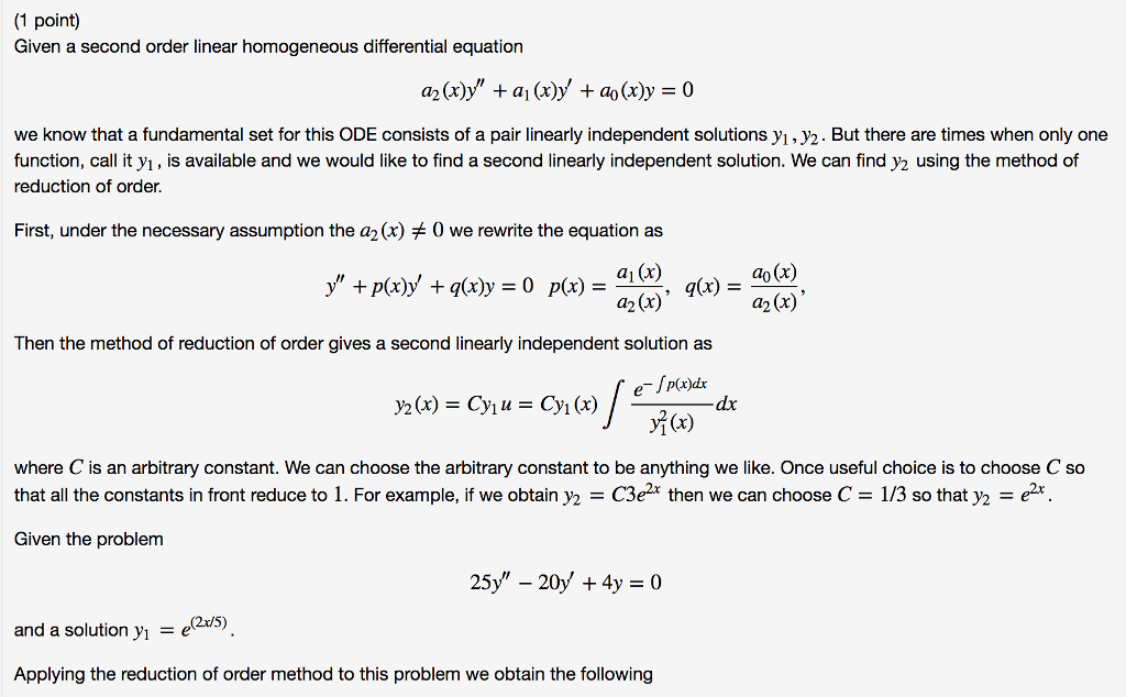Solved (1 point) Given a second order linear homogeneous | Chegg.com