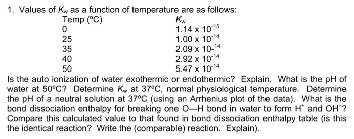 Values of K_w as a function of temperature are as | Chegg.com