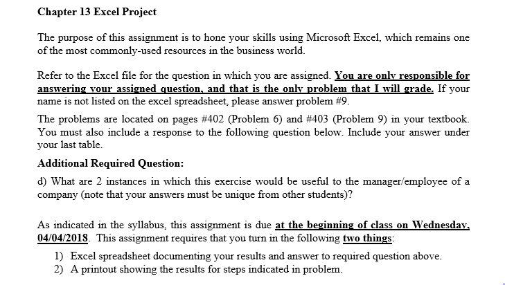 Chapter 13 Excel Project The purpose of this | Chegg.com