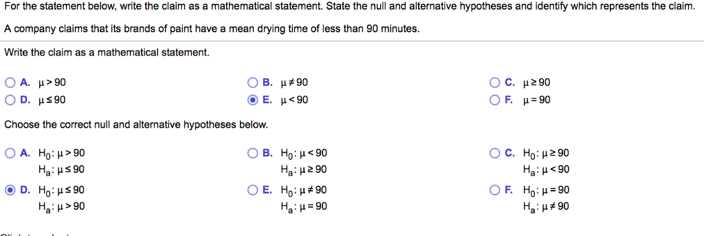 Solved For the statement below, write the claim as a | Chegg.com