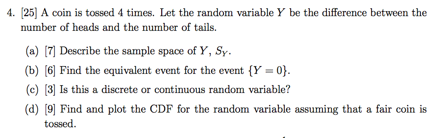 Solved A coin is tossed 4 times. Let the random variable Y | Chegg.com