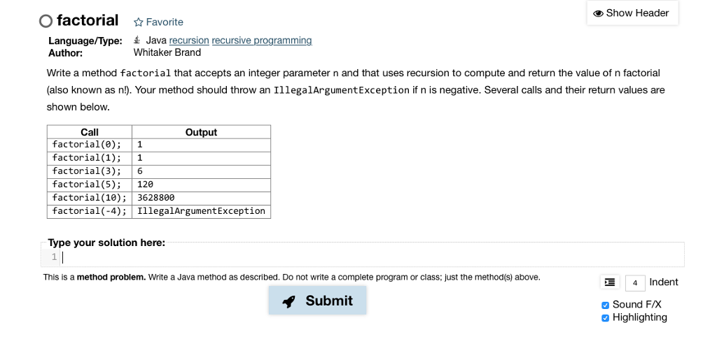 Solved Show Header Factorial Favorite Java Recursion 