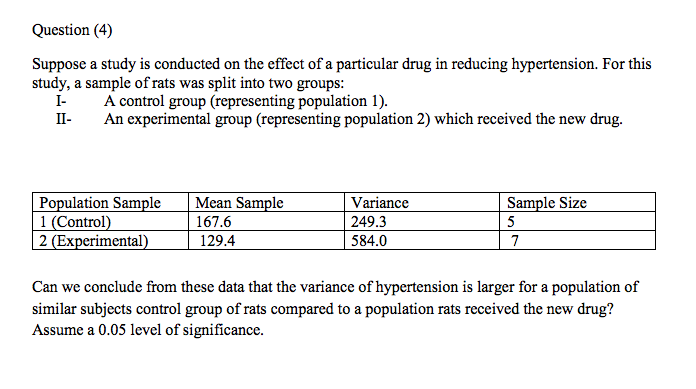 Solved Question (4) Suppose a study is conducted on the | Chegg.com