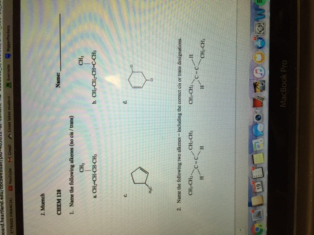 Solved - Name the following alkenes (no cis / trans) | Chegg.com