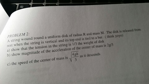 Solved A string wound round a uniform of radius R and mass | Chegg.com