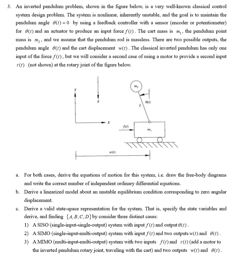 Solved 3. An inverted pendulum problem, shown in the figure | Chegg.com