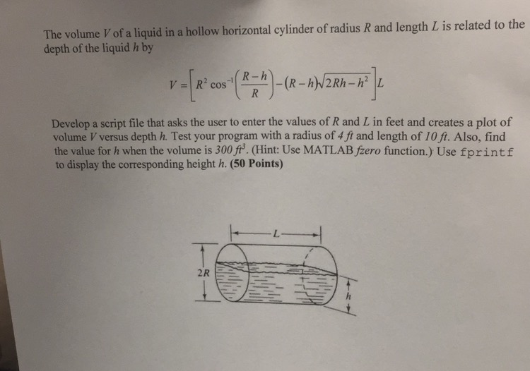 Solved The volume V of a liquid a hollow horizontal cylinder | Chegg.com